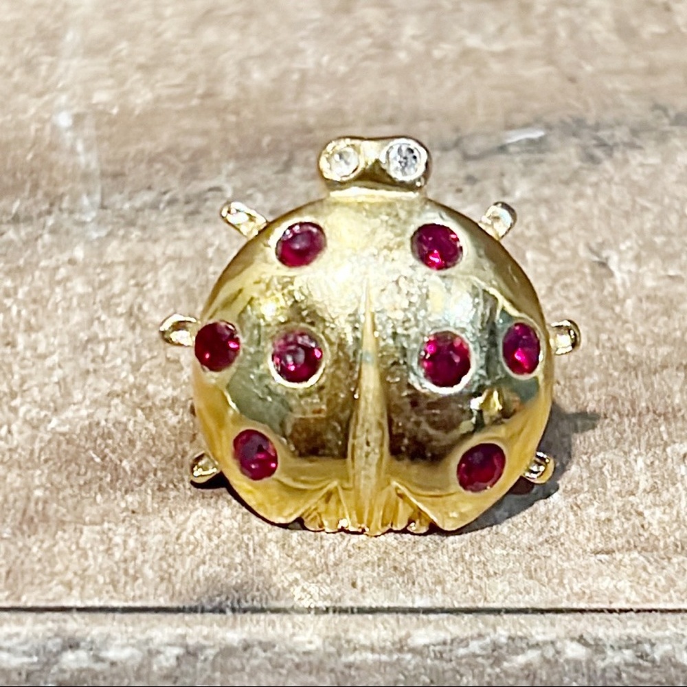 Vintage Avon Gold Ladybug Pin Brooch Red White Rhines… - Gem